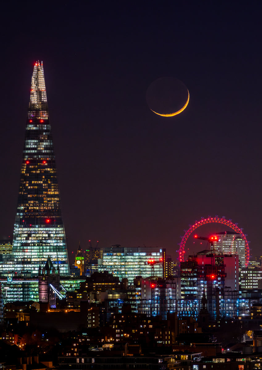 Crescent moon over Tower Bridge, Big Ben and The London Eye – London From The Rooftops